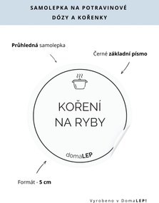 Samolepka na kořenky KOŘENÍ NA RYBY průhledná 5 cm základní písmo