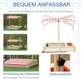 Square Wooden Sandpit Outsunny 1,18L x 1,18W x 1,18H m - Nastavitelná výška, sklon střechy, uzavíratelný - 2 vaničky - Autoklávované jedlové dřevo