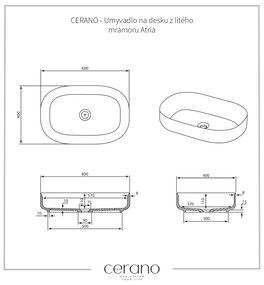 CERANO - Umyvadlo na desku z litého mramoru Atria - bílá matná - 60x40 cm
