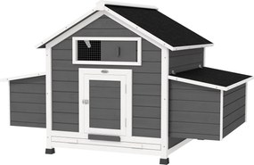 PawHut Dřevěný Venkovní Kurník pro 2-4 Slepice s 2 Hnízdícími Boxy, Vyjímatelným Táckem a Plocho Zvedací Střechou 150x100x96,5 cm Šedý a Bílý | Aosom