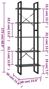 vidaXL Marketos Knihovna s 5 policemi šedá 60 x 30 x 175 cm kompozitní dřevo