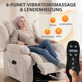 HOMCOM Křeslo pro televizní sledování s masážní a topnou funkcí, elektrické křeslo se vstáváním, dálkové ovládání, boční kapsy, béžová