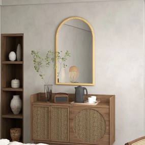 HOMCOM nástěnné obloukové zrcadlo, 110 x 65 cm, dřevěný rám, obloukové zrcadlo pro obývací pokoj, ložnici, vstupní prostor, přírodní dřevo