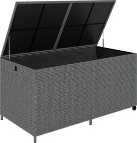 Ratanový box na polštáře 650L odolný proti povětrnostním vlivům UV záření Box na polštáře s víkem Kolečka Úložný prostor 150 x 75 x 74 cm Tmavě šedý