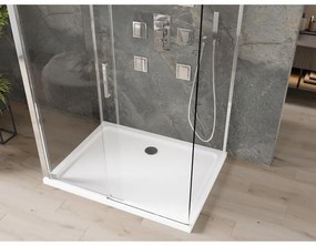 Mexen Omega, 3-stěnový sprchový kout s posuvnými dveřmi 120 (dveře) x 100 (stěna) x 190 cm, 8mm čiré sklo, chromový profil + bílá sprchová vanička SLIM, 825-120-100-01-00-3S-401