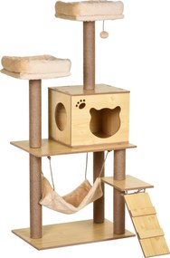 PawHut Kočičí Škrabadlo Výška 130 cm Kočičí Věž se Sisalovými Škrabacími Sloupky 2 Postele Houpací Síť Jeskyně Hračková Koule a Rampou 60x40x130 cm Př
