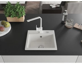 Mexen Milo, 1-komorový granitový dřez 435x410x171 mm a bílá baterie Rita, bílá, 6505-20-670300-20