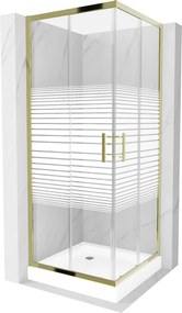 Mexen Rio, čtvercový sprchový kout s posuvnými dveřmi 70 (dveře) x 70 (dveře) x 190 cm, 5mm čiré sklo s pásky, zlatý profil + bílá sprchová vanička RIO, 860-070-070-50-20-4510