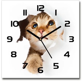 Wallmuralia Skleněné hodiny čtverec Kočka v díře 30x30 cm
