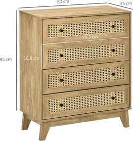 HOMCOM Komoda se 4 šuplíky s ratanovým ratanem 80 x 35 x 95 cm Světlé dřevěné provedení