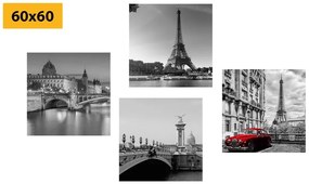 Set obrazů  Paříž s retro červeným autem - 4x 60x60 cm