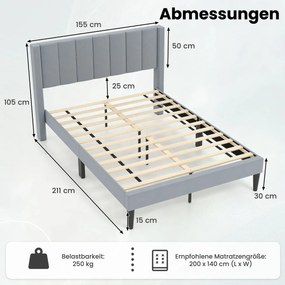 Costway Polstrovaný rám dvojlůžka pro lůžko s ložnou plochou s rámem čela šedé