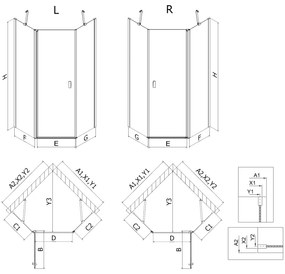 Mexen Mist, pětiúhelníkový sprchový kout, pravý 90 x 80 cm, čiré sklo-černá mřížka, 8A8-090-080-70-77-P