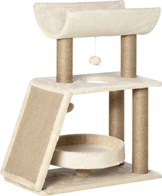PawHut škrabadlo pro kočky malé 76 cm s míčkem a hrazdičkou, vnitřní šplhací věž s pelíškem a škrabací deskou, světle hnědá pro kočky do 5 kg | Aosom…