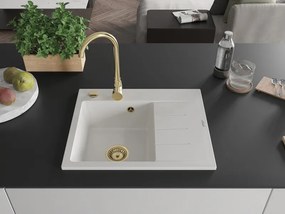 Mexen Ben, 1-komorový granitový dřez 600x500x190 mm, levý + zlatý sifon, bílá, 6522605000-20-G