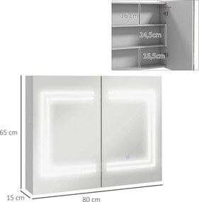 kleankin koupelnová skříňka se zrcadlem s LED osvětlením, 80 x 65 cm, koupelnová skříňka se zrcadlem, soft-close dveře, stmívatelná ve 3 barvách, nas…