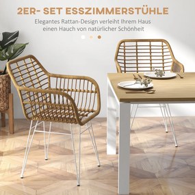 HOMCOM Sada 2 ratanových jídelních židlí, nosnost 120 kg, ergonomické, s opěradlem, ocelové nohy, boho styl, 56 x 60 x 79 cm, přírodní| Aosom