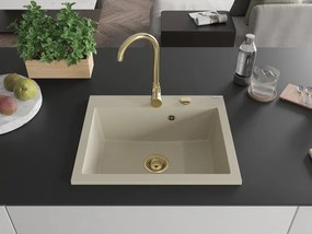 Mexen Elix, 1korový granitový dřez 600 x 500 mm, béžová, zlatý sifon, 6525601005-69-G