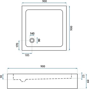 Rea Savoy, sprchová vanička 90x90x6 cm + sifon s měděnou krytkou, černá lesklá, KPL-14803
