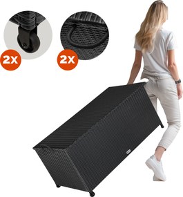 Zahradní úložný box umělý ratan černý 117x53x60cm s madla & kolečka