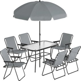 Sada zahradního nábytku sedací souprava 119 x 68 cm skleněný stůl se 6 skládacími židlemi slunečník vzor vodní vlna šedá