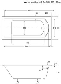 BESCO Obdélníková vana SHEA SLIM Nožičky k vaně - S nožičkami, Rozměr vany - 150 × 70 cm - VANSHEA150SLIM+OLVPINOZ