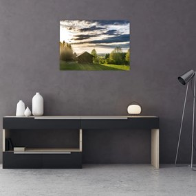 Skleněný obraz chaty na louce (70x50 cm)