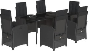 7dílný zahradní jídelní set s poduškami černý polyratan 3212316