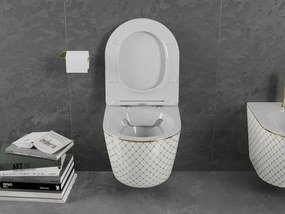 Mexen Lena WC mísa Rimless s pomalu zavíracím slim duroplastovým prkénkem, bílá/zlatá vzor mřížka - 30224009