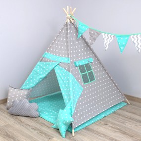 MAXMAX Dětský stan TEEPEE (TÝPÍ) MINT S HVĚZDIČKAMI + doplňky