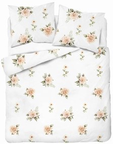 Detexpol Bavlněné povlečení 220x200 Bílá s béžovými růžemi - elegantní vintage vzor, 100% bavlna - 5342 A - Soft Meadow