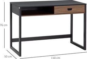 HOMCOM Pracovní stůl v industriálním designu s velkým stolem a zásuvkou na polici v dřevotřískové desce 110 x 50 x 76 cm v ořechové a černé barvě