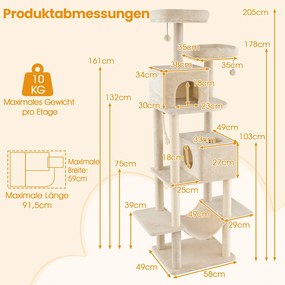 Costway 205 cm velký vícepatrový kočičí strom s 2 jeskyněmi 2 lehacími plochami