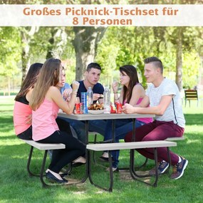 Costway Kulatý piknikový stůl s 4 lavicemi a otvorem na deštník pro 8 – šedá
