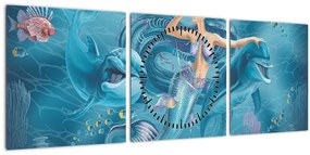 Obraz - Mořská víla s delfíny (s hodinami) (90x30 cm)