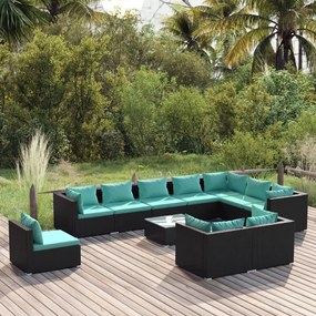 vidaXL 11dílná zahradní sedací souprava s poduškami polyratan [3102664] Barva: Černo-modrá