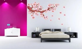 Nálepka na zeď do interiéru rozkvetlá větev s růžovými květy