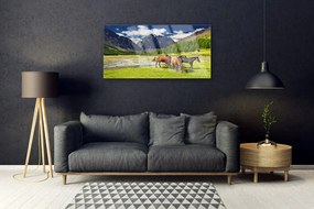 Obraz na skle Hory Stromy Koně Zvířata 140x70 cm