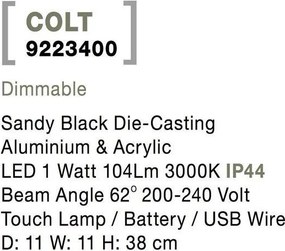 NV 9223400 Venkovní stolní lampa COLT černý litý hliník a akryl LED 2W 3000K IP54 62st. 5V DC vypínač na těle USB kabel stmívatelné - NOVA LUCE