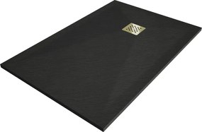 Mexen Stone+, obdélníková vanička z minerálního kompozitu 140 x 100 cm, černá, zlatá lesklá krytka, 44701014-G