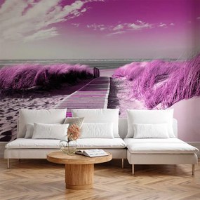 Fototapeta Dřevěné schodiště - fialový pohled na písčitou pláž u moře