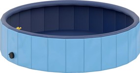Skládací psí bazén PawHut se sprchou – přenosná vana pro velké psy, PVC, protiskluzová a odolná pro vnitřní i venkovní použití Ø120x30 cm Světle modrá