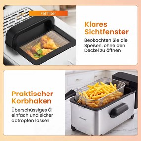 Costway 3 L Elektrická fritéza vyrobená z nerezové oceli 2000 W Fritéza Olejová