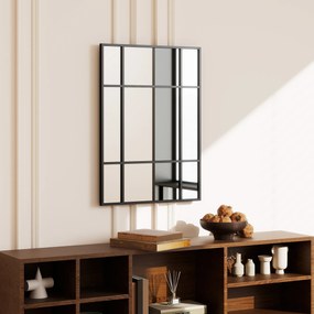 HOMCOM obdélné nástěnné zrcadlo 70 × 50 cm — černý kovový rám ve stylu okna, dekorativní zrcadlo do obýváku, ložnice a předsíně