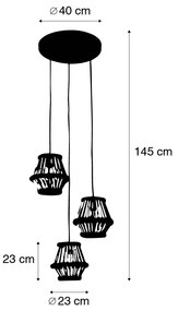 Orientální závěsné svítidlo bambus s černým kulatým 3-světlo - Evalin
