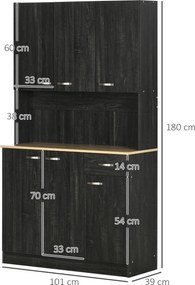 HOMCOM Moderní kuchyňská komoda s bufetem, 6 dveří, 1 zásuvka + Velký pracovní stůl 101L x 39W x 180H cm, černé dřevo