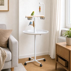 PawHut stojan na ptáky s krmítkem, kolečka, bidýlka, krmítko, krmítko pro ptáky s žebříkem na zahradu, balkon, ocel, bílá| Aosom