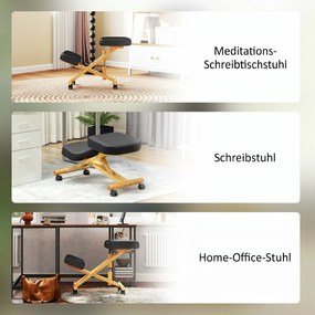 HOMCOM Ergonomická Výškově Nastavitelná Kolenní Židle, Ergonomická Židle do Kanceláře a Domova, Dřevěný Kolenní Stolek na Kolečkách, Černá