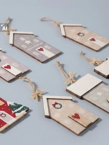 Sinsay - Sada dřevěných vánočních závěsných dekorací ve tvaru domečků 7 pack - vícebarevná