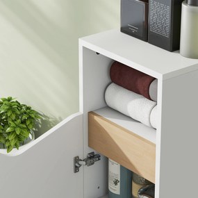 HOMCOM úzká koupelnová skříňka s nastavitelnými policemi a otevřenou přihrádkou, dvířka s tlumeným dovíráním — 30 × 30 × 71,5 cm, bílá/přírodní